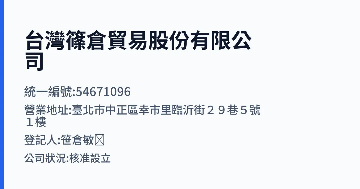 台灣篠倉貿易股份有限公司 - 統編 54671096(臺北市) 公司登記資料與營業項目詳細圖表