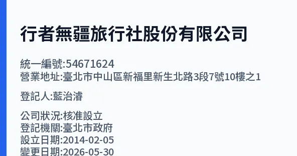 行者無疆旅行社股份有限公司的照片-統編 54671624(臺北市) 公司登記資料與營業項目詳細圖表