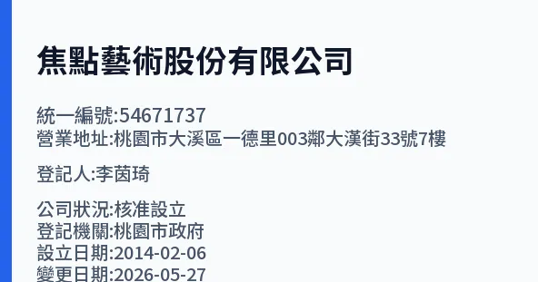 焦點藝術股份有限公司的照片-統編 54671737(桃園市) 公司登記資料與營業項目詳細圖表