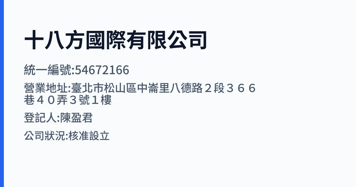 十八方國際有限公司 - 統編 54672166(臺北市) 公司登記資料與營業項目詳細圖表