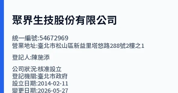 聚界生技股份有限公司的照片-統編 54672969(臺北市) 公司登記資料與營業項目詳細圖表