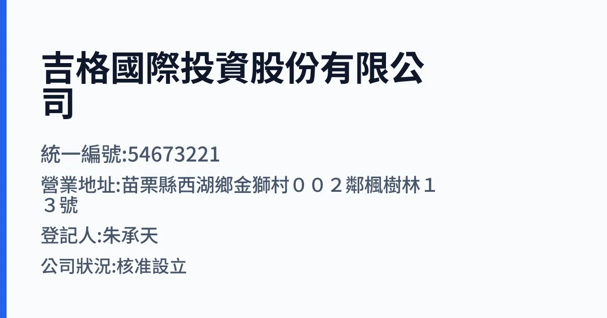 吉格國際投資股份有限公司 - 統編 54673221(苗栗縣) 公司登記資料與營業項目詳細圖表