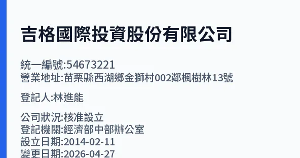 吉格國際投資股份有限公司的照片-統編 54673221(苗栗縣) 公司登記資料與營業項目詳細圖表