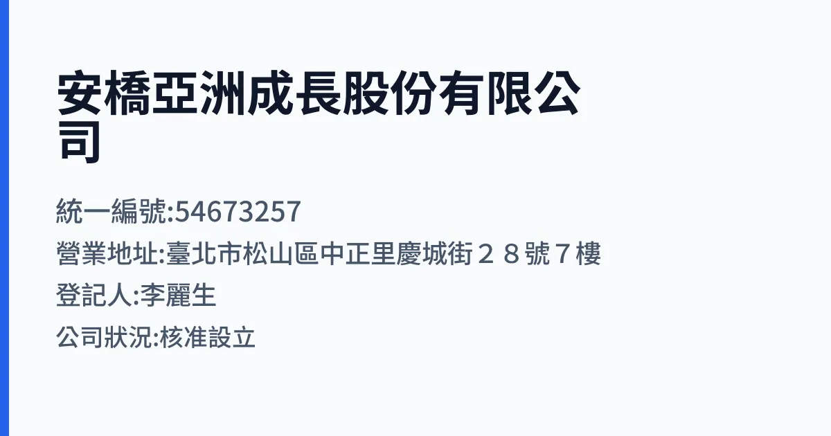 安橋亞洲成長股份有限公司 - 統編 54673257(臺北市) 公司登記資料與營業項目詳細圖表