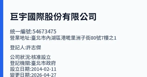 巨宇國際股份有限公司的照片-統編 54673475(臺北市) 公司登記資料與營業項目詳細圖表