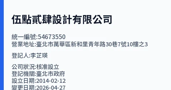 伍點貳肆設計有限公司的照片-統編 54673550(臺北市) 公司登記資料與營業項目詳細圖表