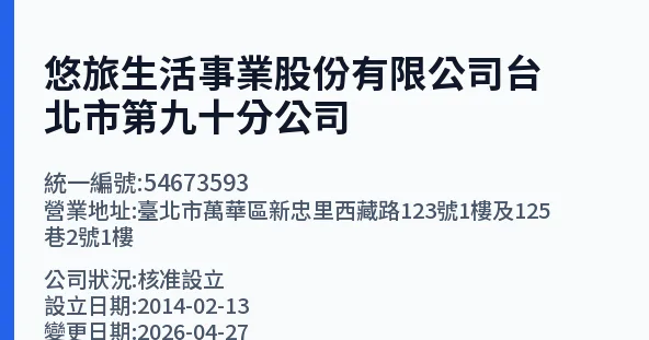 悠旅生活事業股份有限公司台北市第九十分公司的照片-統編 54673593(臺北市) 公司登記資料與營業項目詳細圖表