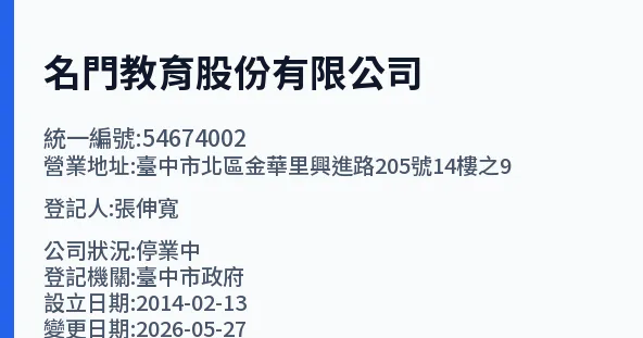 名門教育股份有限公司的照片-統編 54674002(臺中市) 公司登記資料與營業項目詳細圖表