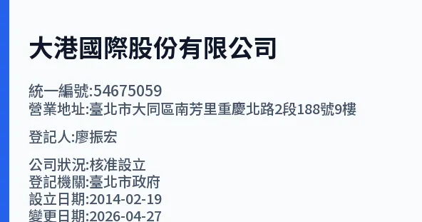 大港國際股份有限公司的照片-統編 54675059(臺北市) 公司登記資料與營業項目詳細圖表
