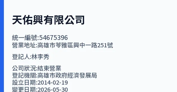 天佑興有限公司的照片-統編 54675396(高雄市) 公司登記資料與營業項目詳細圖表