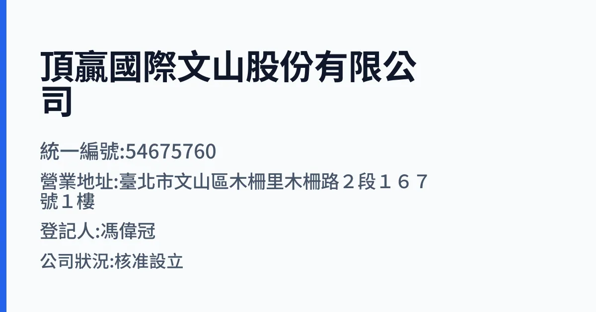 頂贏國際文山股份有限公司 - 統編 54675760(臺北市) 公司登記資料與營業項目詳細圖表