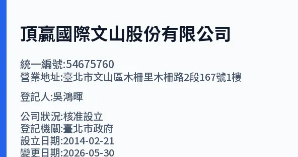 頂贏國際文山股份有限公司的照片-統編 54675760(臺北市) 公司登記資料與營業項目詳細圖表
