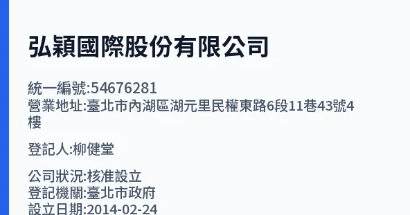 弘穎國際股份有限公司的照片-統編 54676281(臺北市) 公司登記資料與營業項目詳細圖表