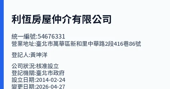 利恆房屋仲介有限公司的照片-統編 54676331(臺北市) 公司登記資料與營業項目詳細圖表