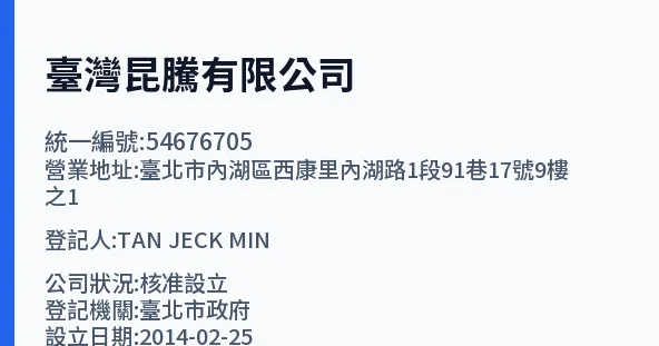 臺灣昆騰有限公司的照片-統編 54676705(臺北市) 公司登記資料與營業項目詳細圖表