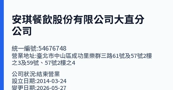 安琪餐飲股份有限公司大直分公司的照片-統編 54676748(臺北市) 公司登記資料與營業項目詳細圖表