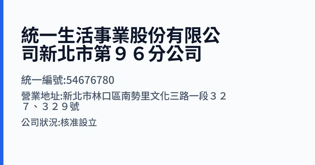 統一生活事業股份有限公司新北市第９６分公司 - 統編 54676780(新北市) 公司登記資料與營業項目詳細圖表