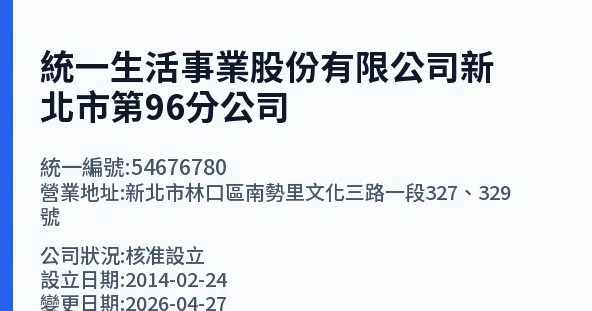 統一生活事業股份有限公司新北市第96分公司的照片-統編 54676780(新北市) 公司登記資料與營業項目詳細圖表