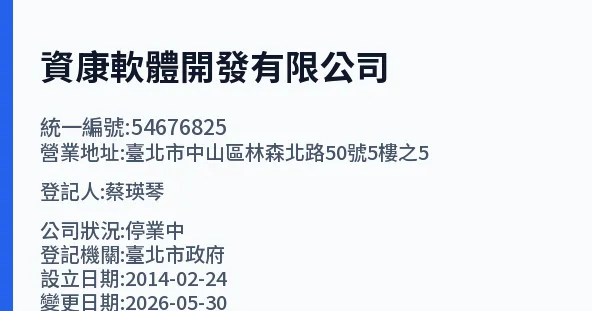 資康軟體開發有限公司的照片-統編 54676825(臺北市) 公司登記資料與營業項目詳細圖表