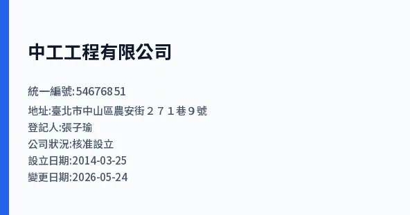 中工工程有限公司的照片-統編 54676851(臺北市) 公司登記資料與營業項目詳細圖表