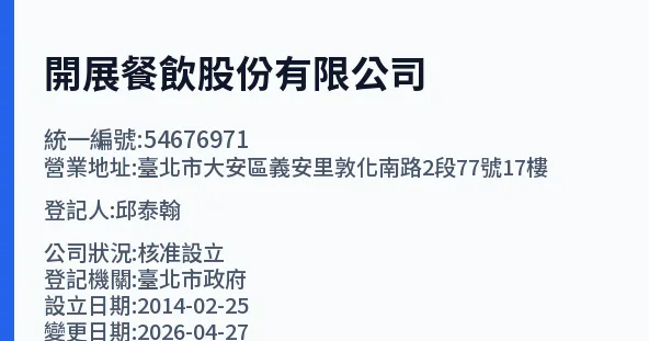 開展餐飲股份有限公司的照片-統編 54676971(臺北市) 公司登記資料與營業項目詳細圖表