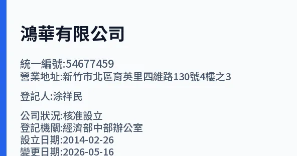 鴻華有限公司的照片-統編 54677459(新竹市) 公司登記資料與營業項目詳細圖表
