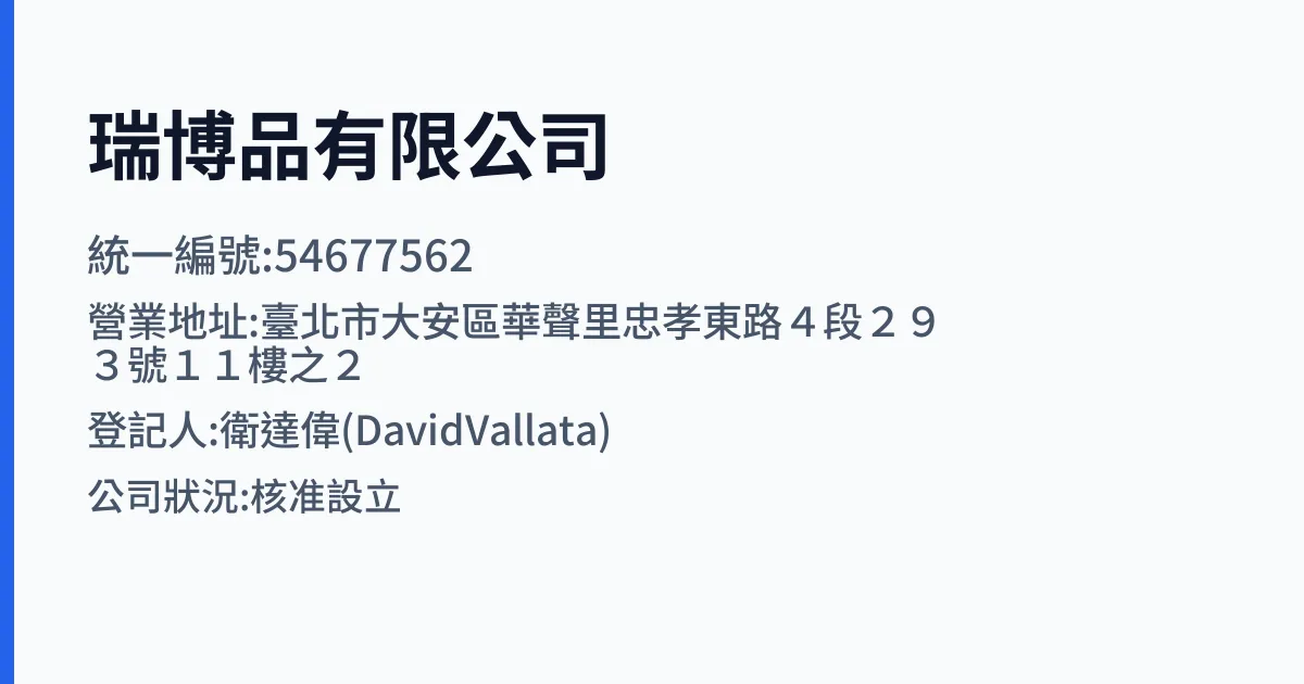 瑞博品有限公司 - 統編 54677562(臺北市) 公司登記資料與營業項目詳細圖表