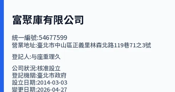 富聚庫有限公司的照片-統編 54677599(臺北市) 公司登記資料與營業項目詳細圖表