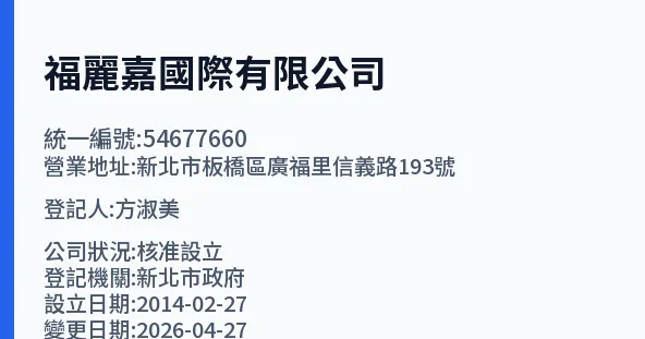 福麗嘉國際有限公司的照片-統編 54677660(新北市) 公司登記資料與營業項目詳細圖表