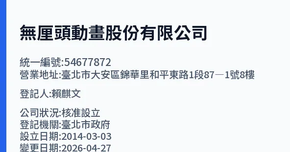 無厘頭動畫股份有限公司的照片-統編 54677872(臺北市) 公司登記資料與營業項目詳細圖表