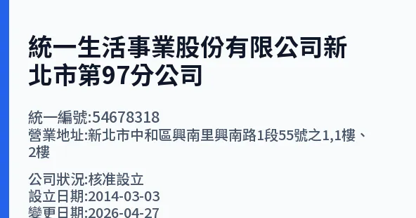 統一生活事業股份有限公司新北市第97分公司的照片-統編 54678318(新北市) 公司登記資料與營業項目詳細圖表