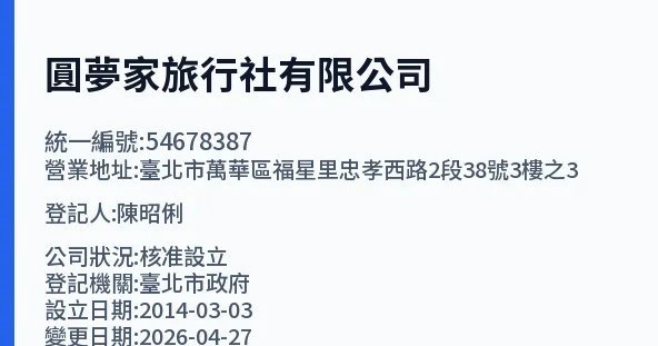圓夢家旅行社有限公司的照片-統編 54678387(臺北市) 公司登記資料與營業項目詳細圖表