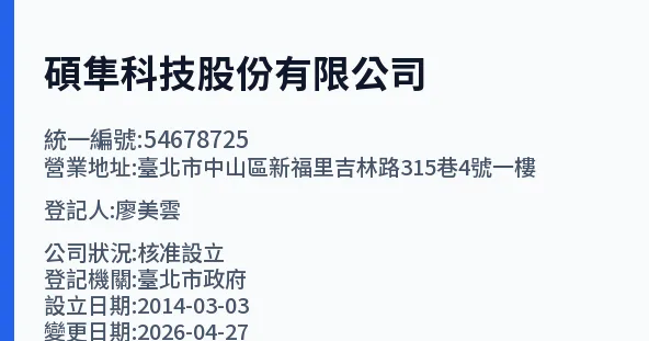 碩隼科技股份有限公司的照片-統編 54678725(臺北市) 公司登記資料與營業項目詳細圖表