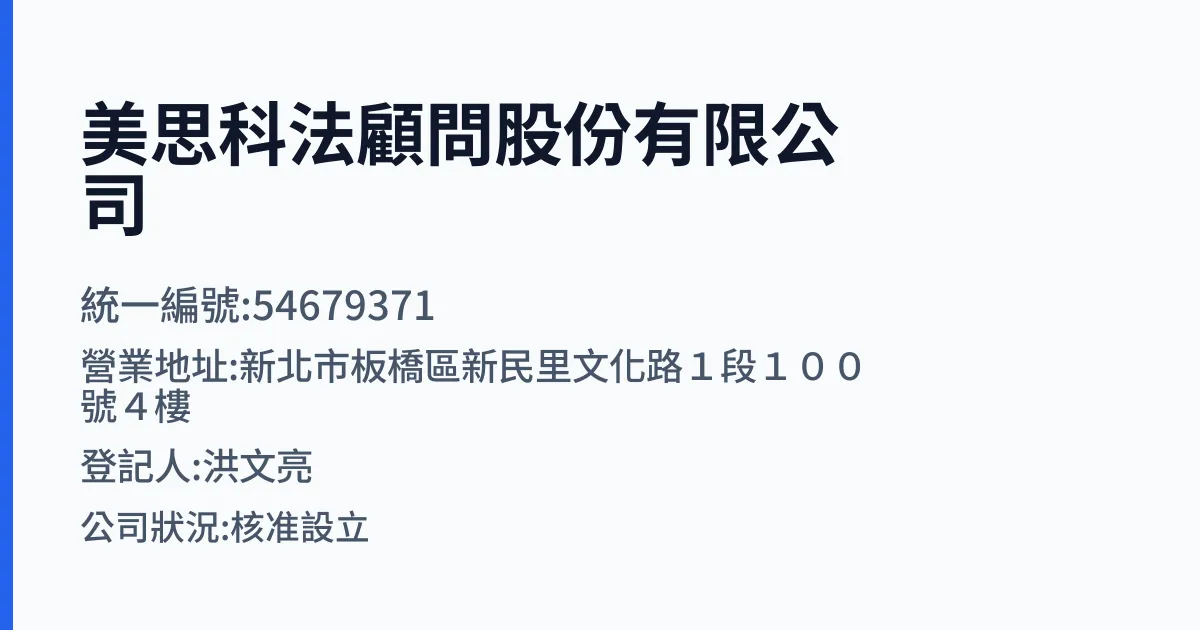 美思科法顧問股份有限公司 - 統編 54679371(新北市) 公司登記資料與營業項目詳細圖表