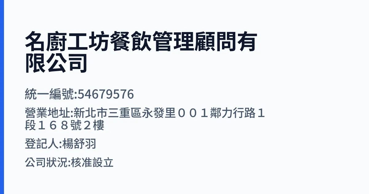 名廚工坊餐飲管理顧問有限公司 - 統編 54679576(新北市) 公司登記資料與營業項目詳細圖表