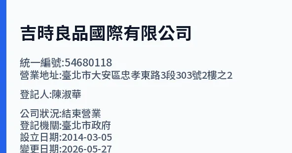 吉時良品國際有限公司的照片-統編 54680118(臺北市) 公司登記資料與營業項目詳細圖表