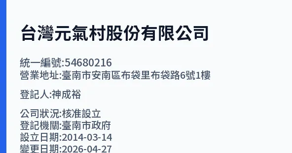 台灣元氣村股份有限公司的照片-統編 54680216(臺南市) 公司登記資料與營業項目詳細圖表