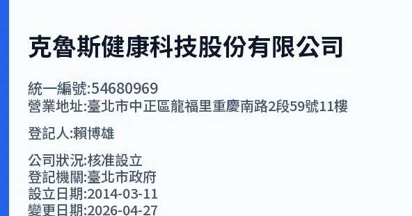 克魯斯健康科技股份有限公司的照片-統編 54680969(臺北市) 公司登記資料與營業項目詳細圖表