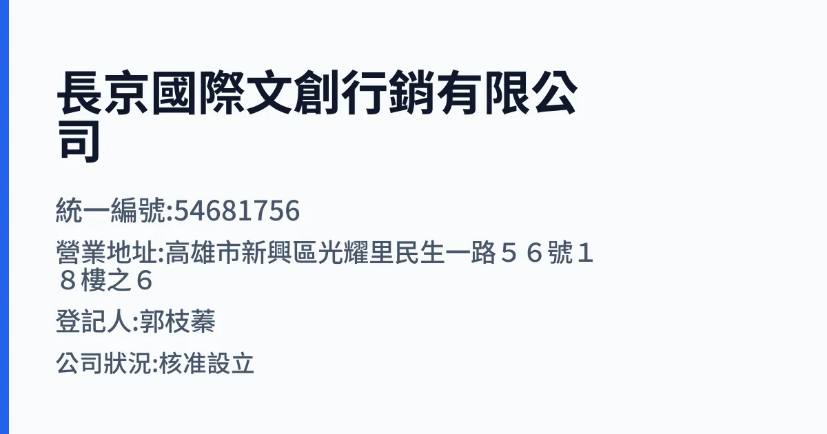 長京國際文創行銷有限公司 - 統編 54681756(高雄市) 公司登記資料與營業項目詳細圖表
