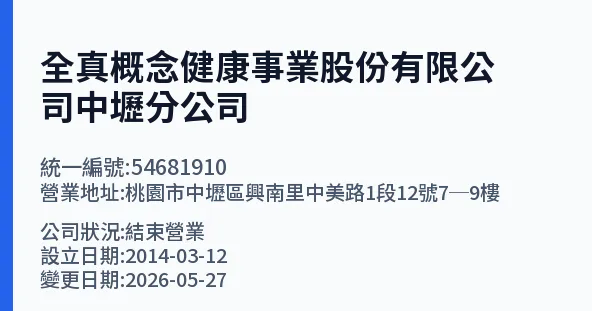 全真概念健康事業股份有限公司中壢分公司的照片-統編 54681910(桃園市) 公司登記資料與營業項目詳細圖表