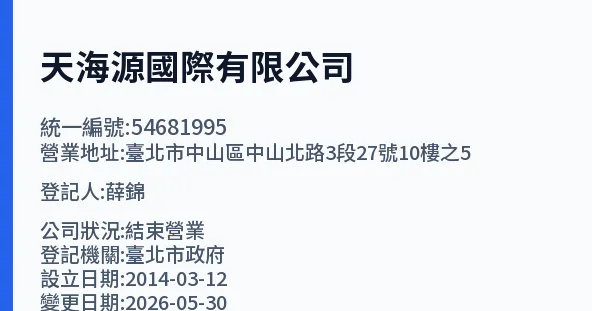 天海源國際有限公司的照片-統編 54681995(臺北市) 公司登記資料與營業項目詳細圖表