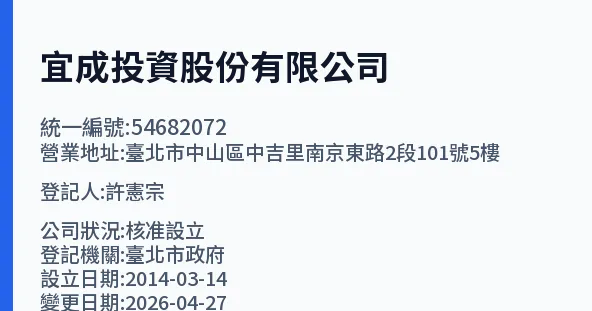 宜成投資股份有限公司的照片-統編 54682072(臺北市) 公司登記資料與營業項目詳細圖表