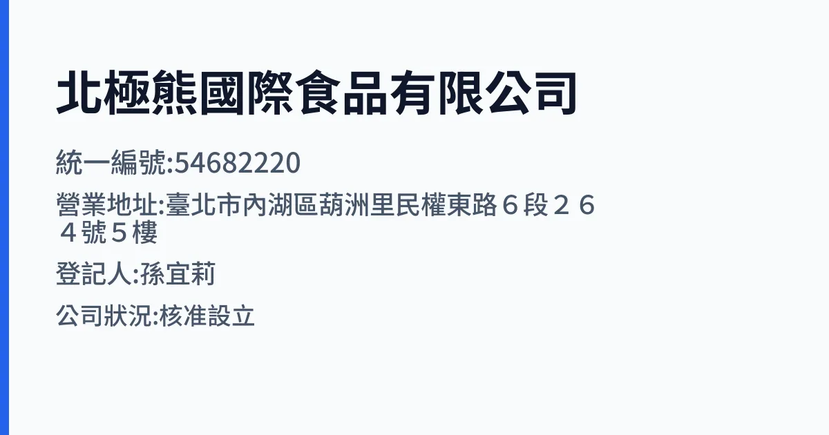 北極熊國際食品有限公司 - 統編 54682220(臺北市) 公司登記資料與營業項目詳細圖表
