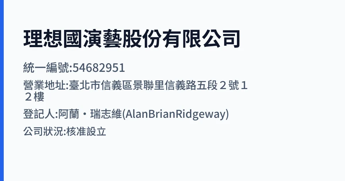 理想國演藝股份有限公司 - 統編 54682951(臺北市) 公司登記資料與營業項目詳細圖表