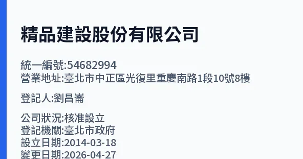 精品建設股份有限公司的照片-統編 54682994(臺北市) 公司登記資料與營業項目詳細圖表