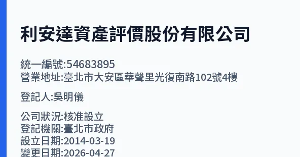 利安達資產評價股份有限公司的照片-統編 54683895(臺北市) 公司登記資料與營業項目詳細圖表
