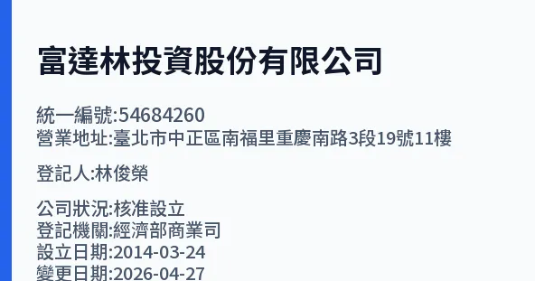富達林投資股份有限公司的照片-統編 54684260(臺北市) 公司登記資料與營業項目詳細圖表