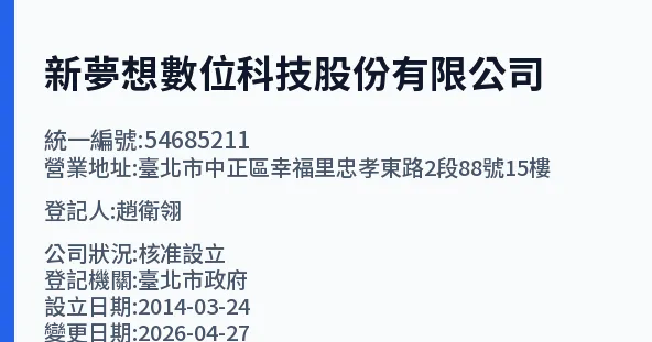 新夢想數位科技股份有限公司的照片-統編 54685211(臺北市) 公司登記資料與營業項目詳細圖表