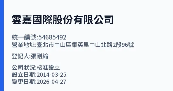 雲嘉國際股份有限公司的照片-統編 54685492(臺北市) 公司登記資料與營業項目詳細圖表