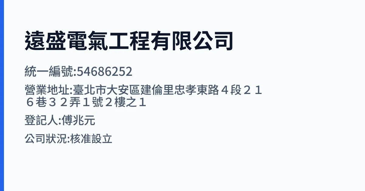 遠盛電氣工程有限公司 - 統編 54686252(臺北市) 公司登記資料與營業項目詳細圖表